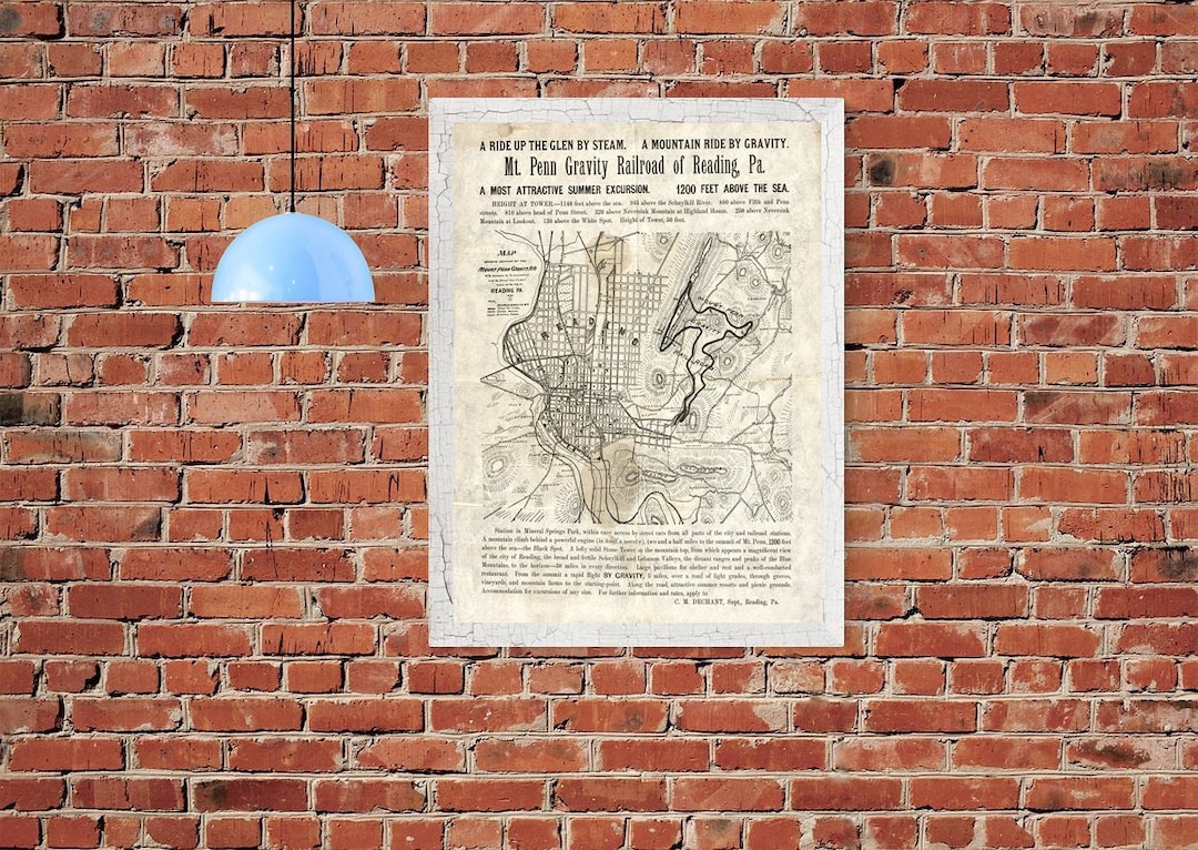 Map of Mt. Penn Gravity Railroad of Reading, Pa. Vintage Home Décor ...