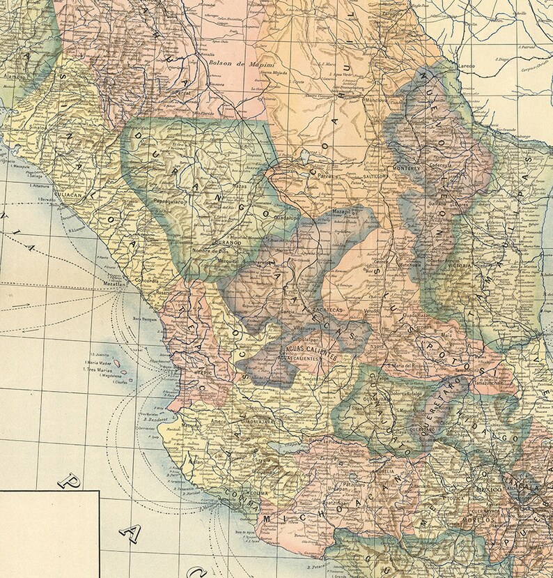 Map of Mexico, Carta General De La Republica Mexicana 1900. Restoration ...
