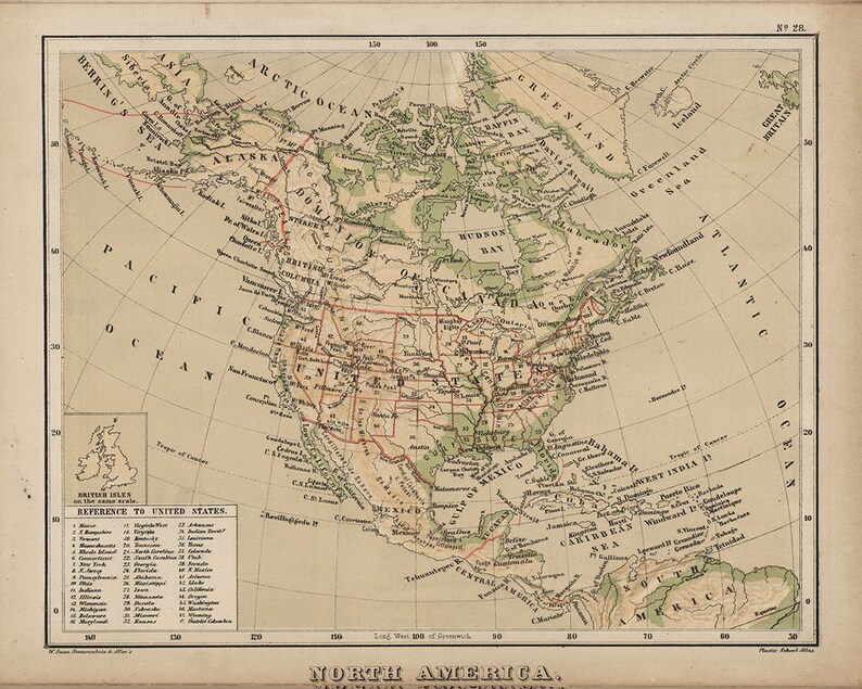 Map of the North America in 1880. Home Deco Style Old Wall - Etsy