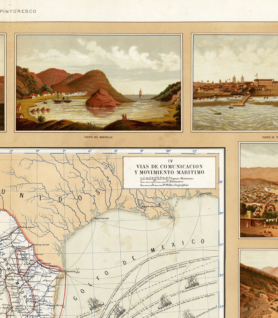 Transportaton System Map of Mexico 1885. Vias De Comunicacion - Etsy