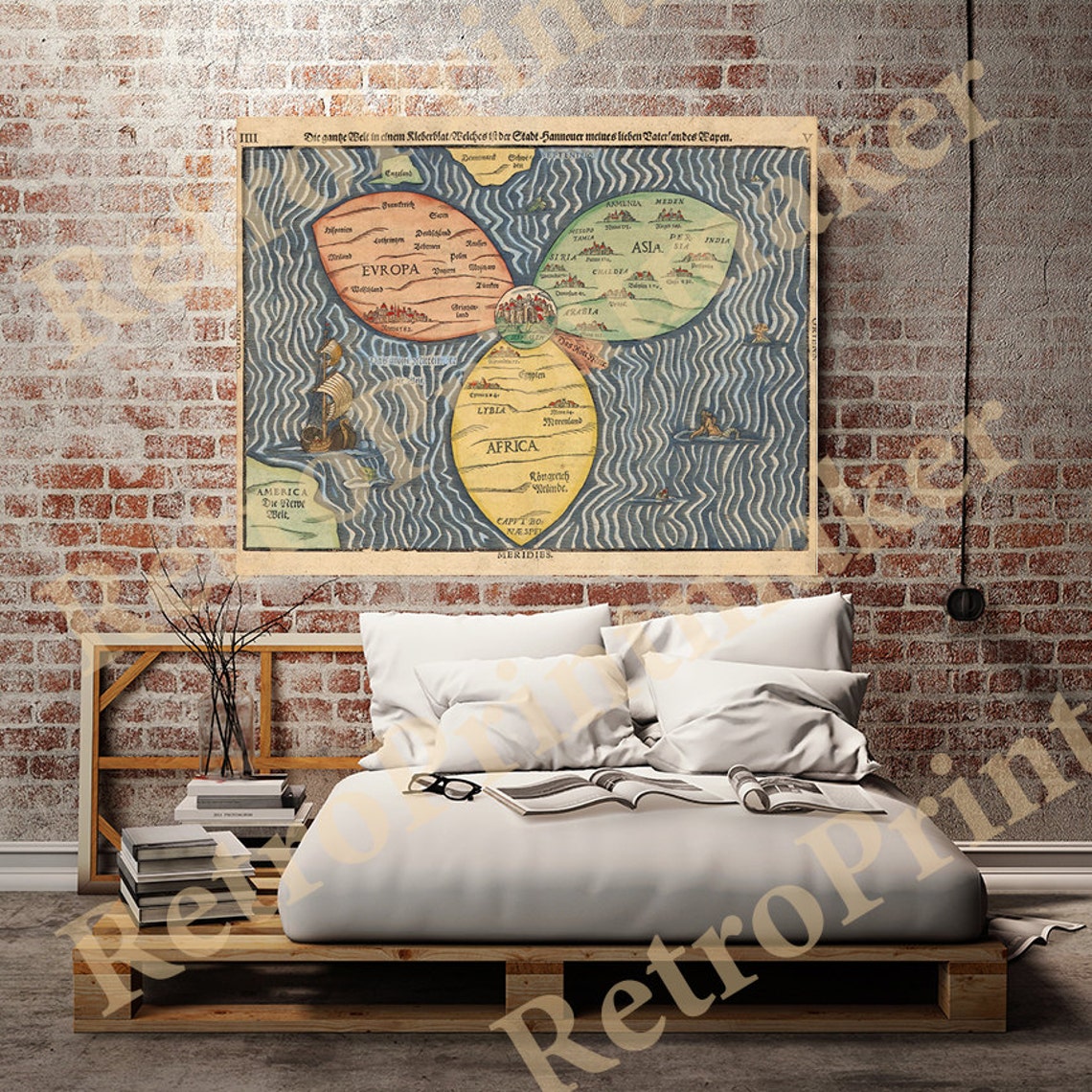 Bunting Clover Leaf World Map by Heinrich Bünting, 1581. Vintage ...