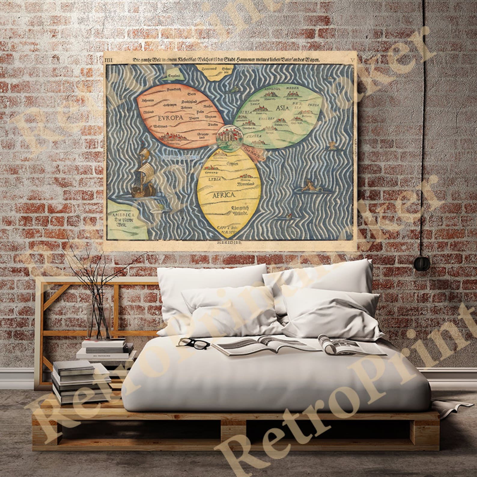 Bunting Clover Leaf World Map by Heinrich Bünting, 1581. Vintage ...