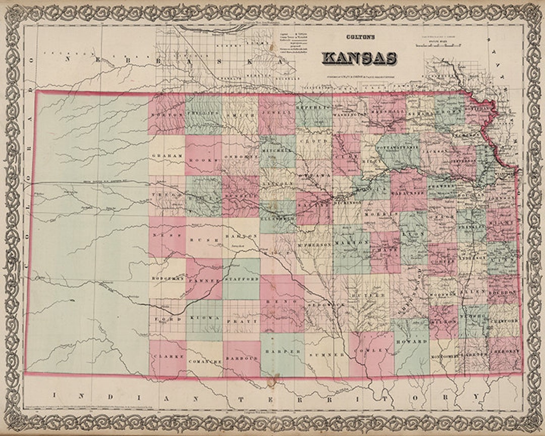 Map of Kansas State. 1863 Vintage Home Deco Style Old Wall Reproduction ...