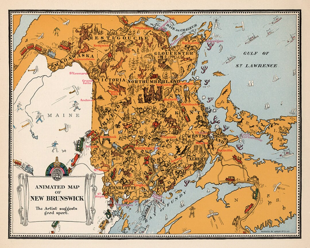 Map of New Brunswick, Canada, 1929. Vintage Restoration Hardware Home ...