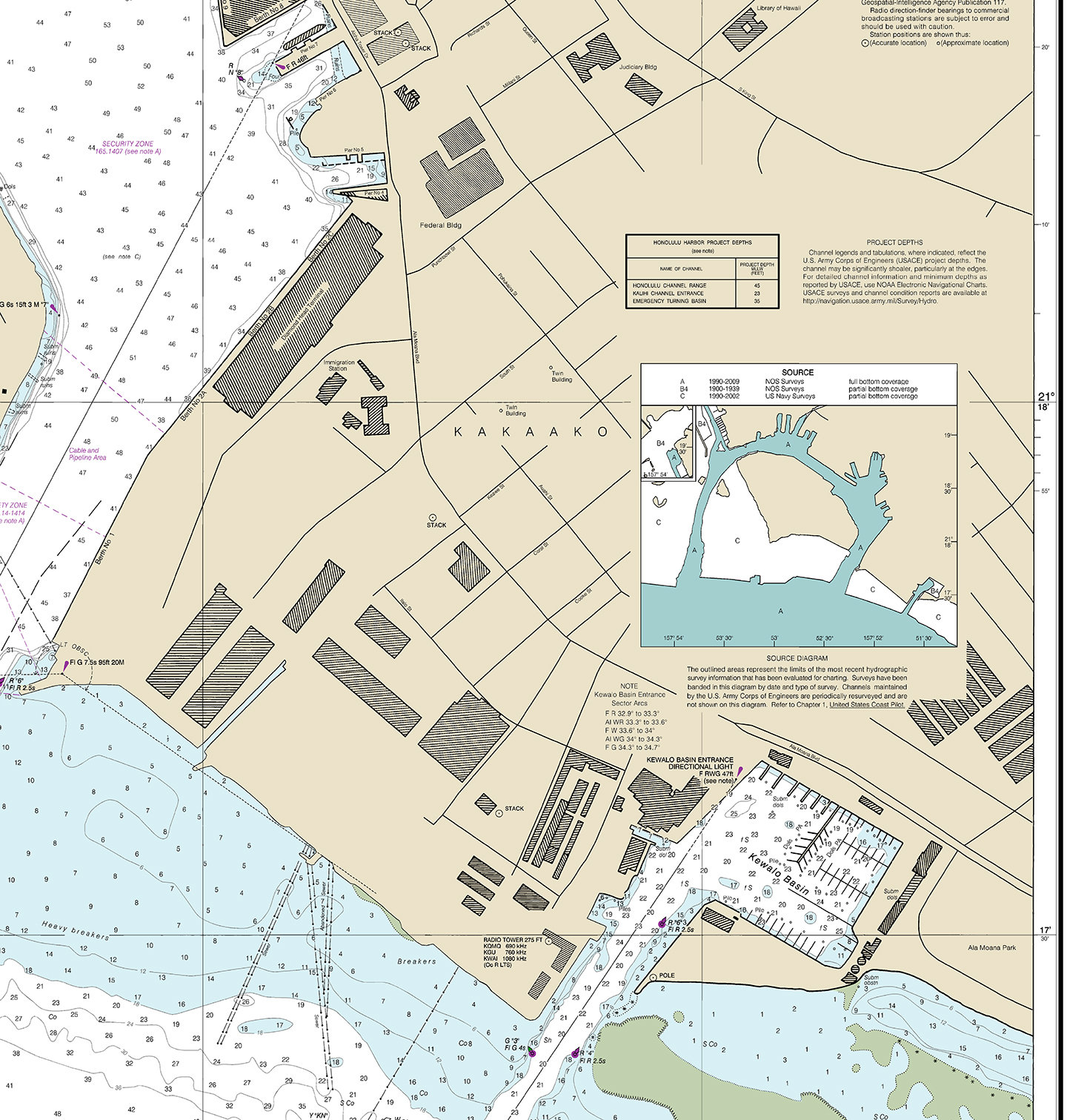 Nautical Charts of Honolulu Harbor, Oahu. 19367 Hawaii. Kakaako. Sand ...