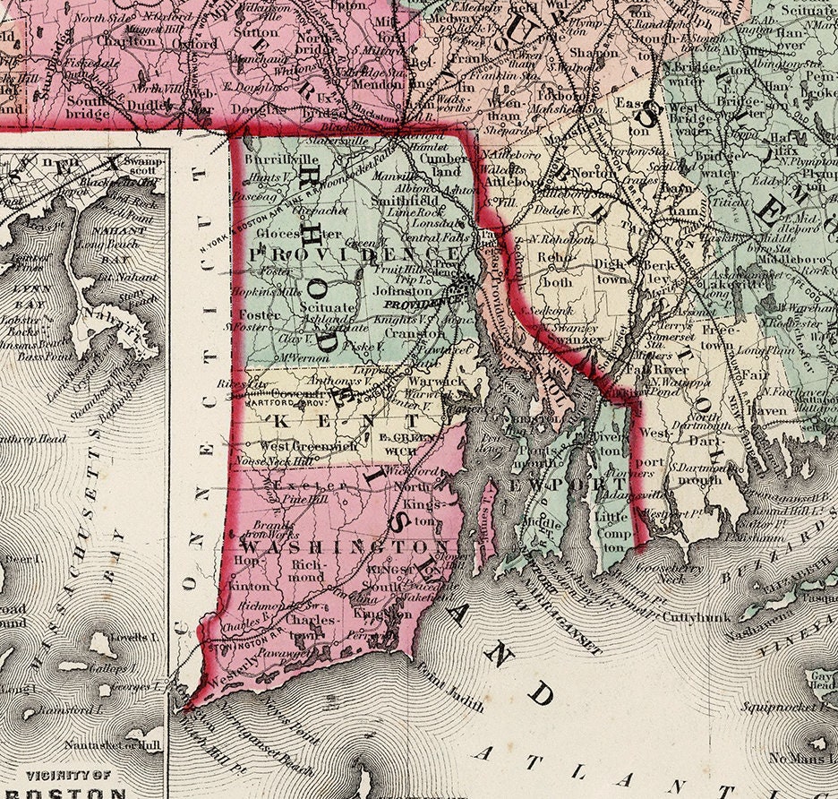 Map of Massachusetts and Rhode Island MA RI 1873 Vintage | Etsy