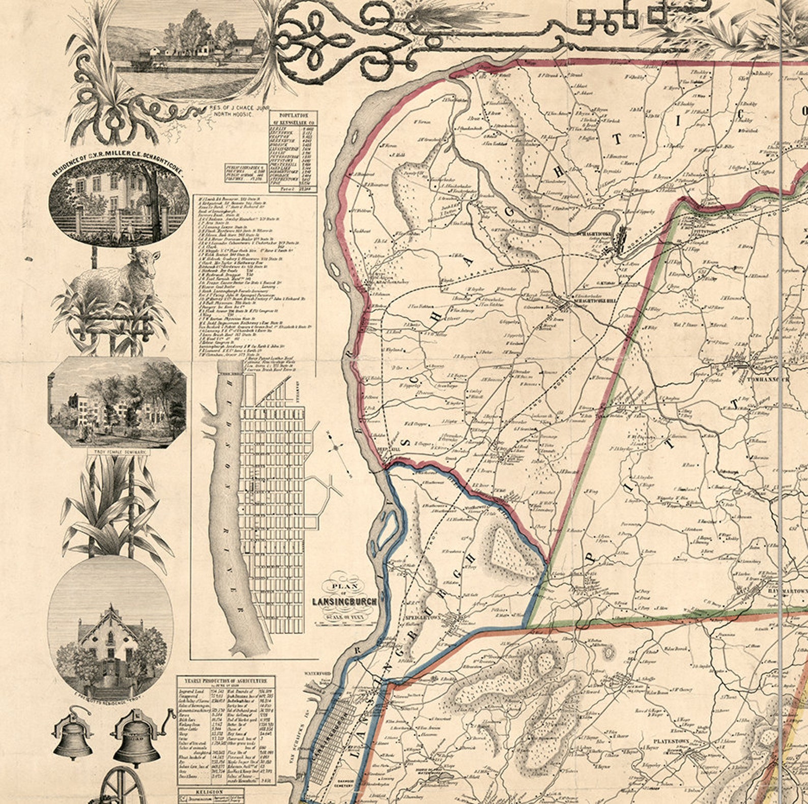 Map of Rensselaer County New York NY 1854 Restoration | Etsy