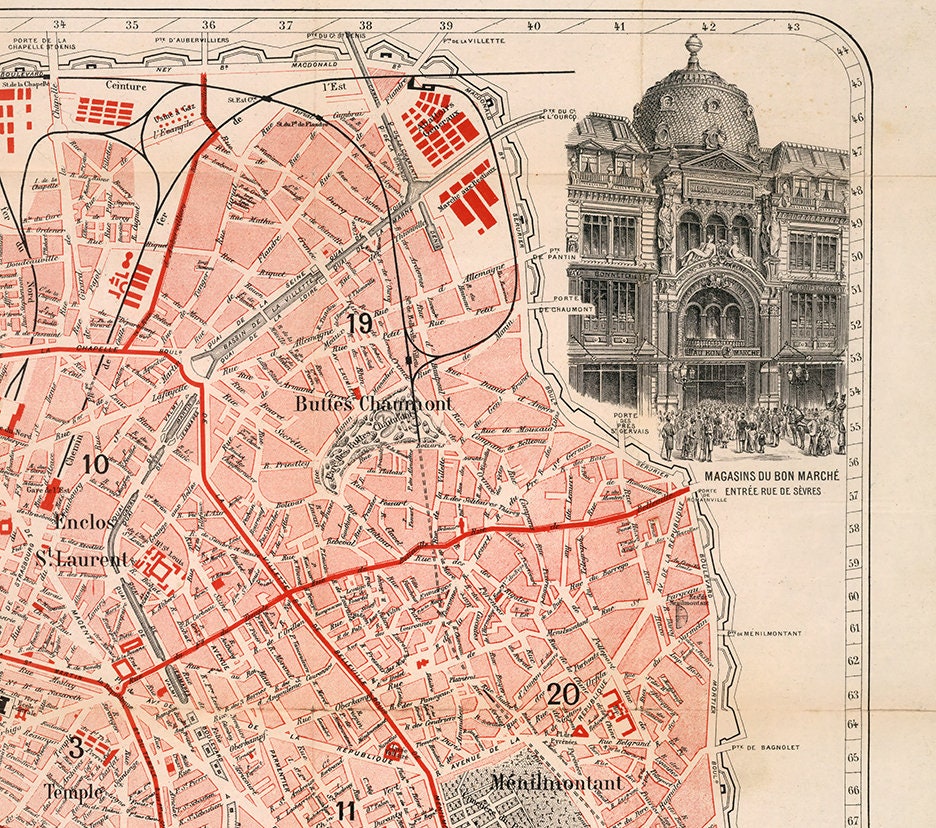 Map of Paris, France, 1892. Restoration Hardware Home Deco Style Old ...