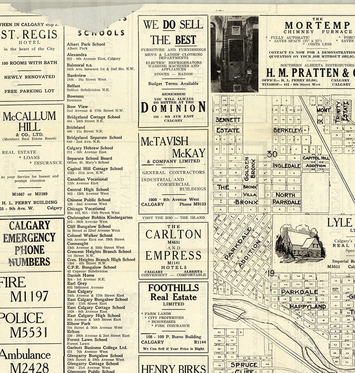 Map of Calgary, Alberta, Canada in 1950. Restoration Hardware Home Deco ...