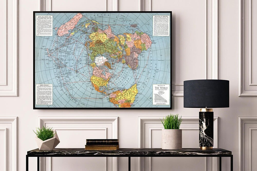 Polar Azimuthal Equidistant Projection. Flat Earth Map. 1943 WWII Wall ...