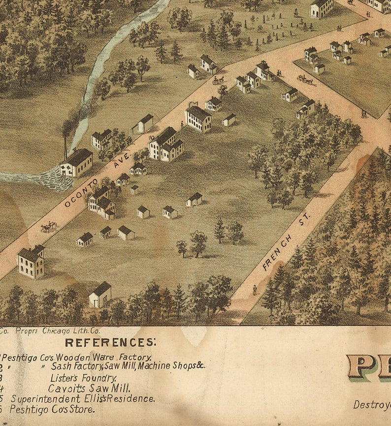 Map of Peshtigo, Marinette Co, Wisconsin, 1871. Restoration Hardware ...