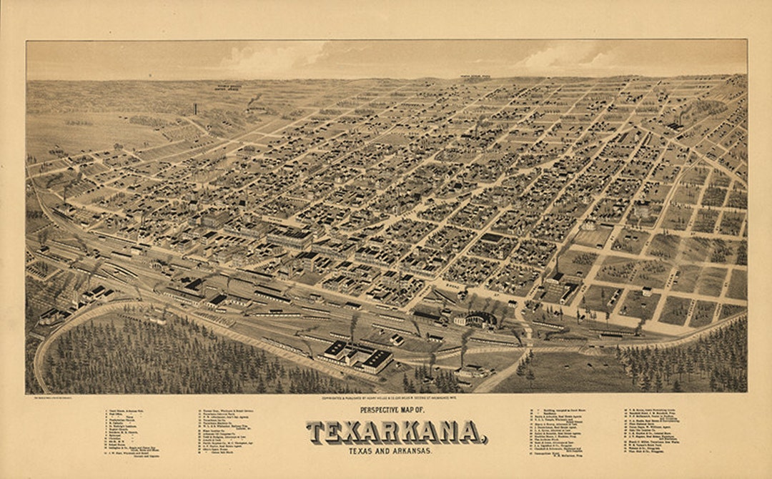 Map Of, Texarkana, Texas and Arkansas. Vintage Reproduction Perspective ...