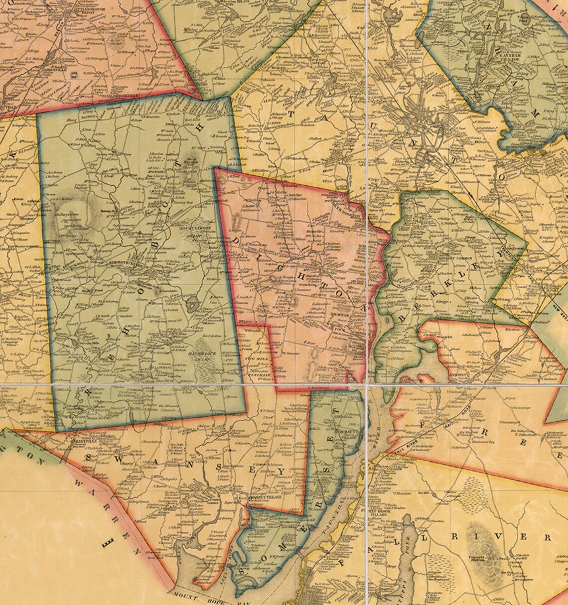 Map of Bristol County, Massachusetts, MA. 1852. Vintage Restoration ...
