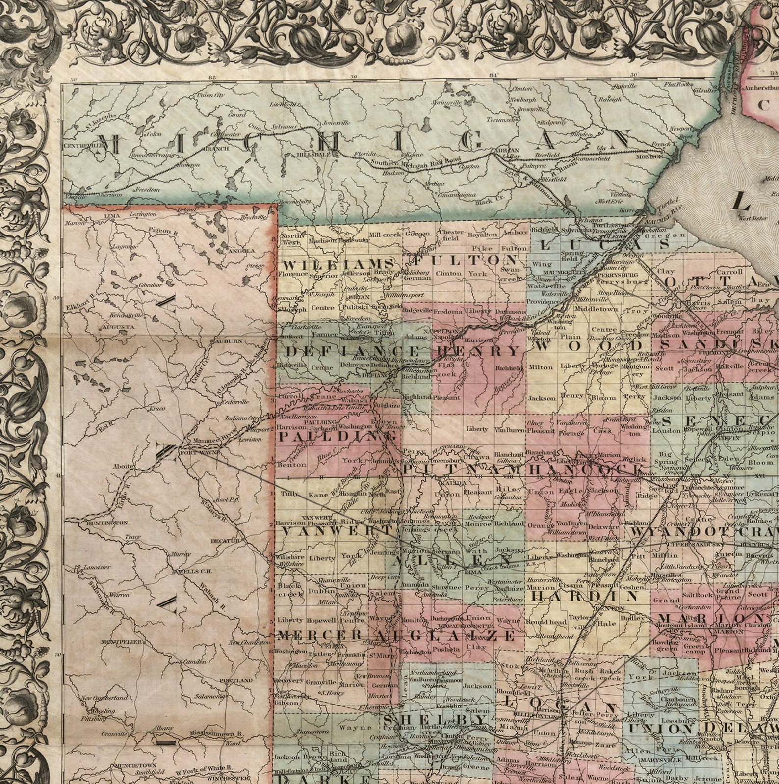 Map of Ohio OH Including County Line, 1851. Vintage Home Deco Style Old ...