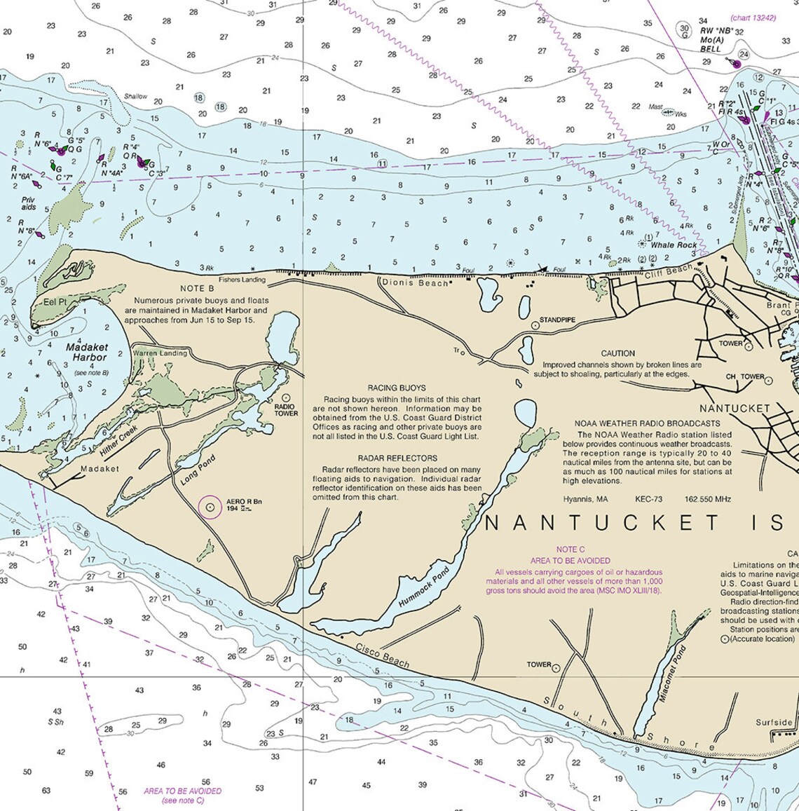 Nautical Chart of Nantucket Island Massachusetts Ma. Vintage | Etsy