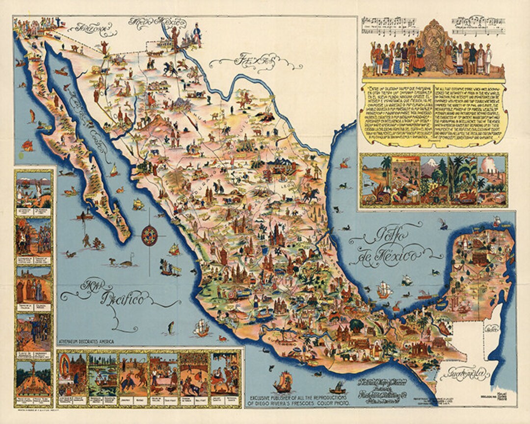 Pictorial Map of Mexico. Vintage Restoration Hardware Home Deco Style ...