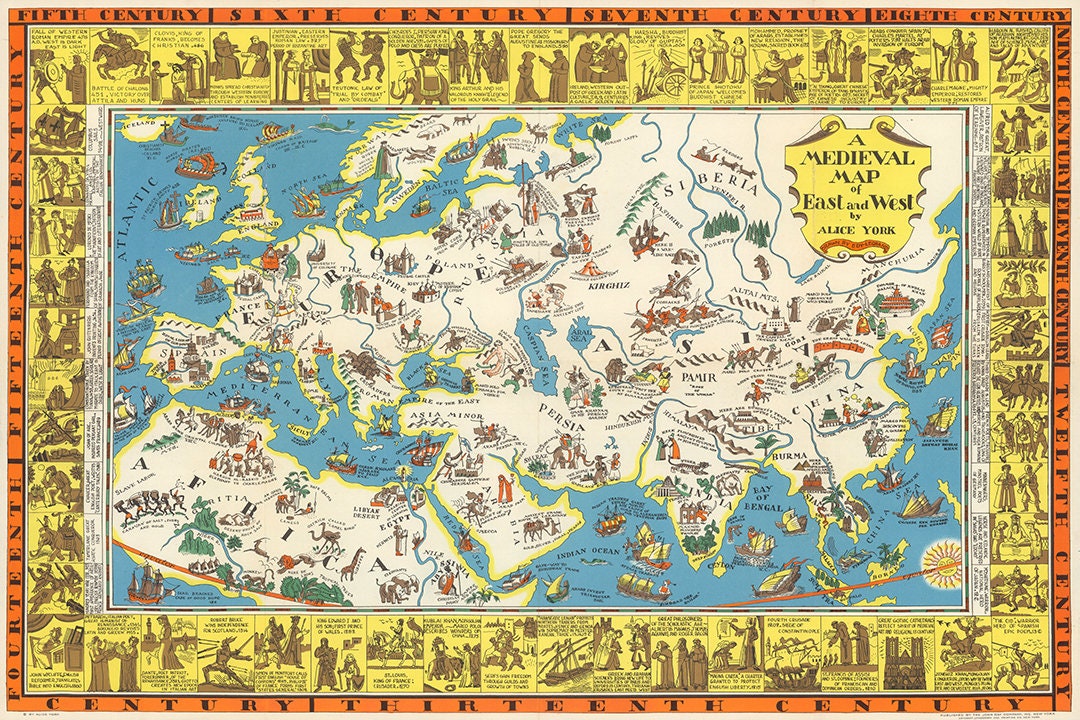 Pictorial Medieval Map of East and West. Russia. Africa. - Etsy