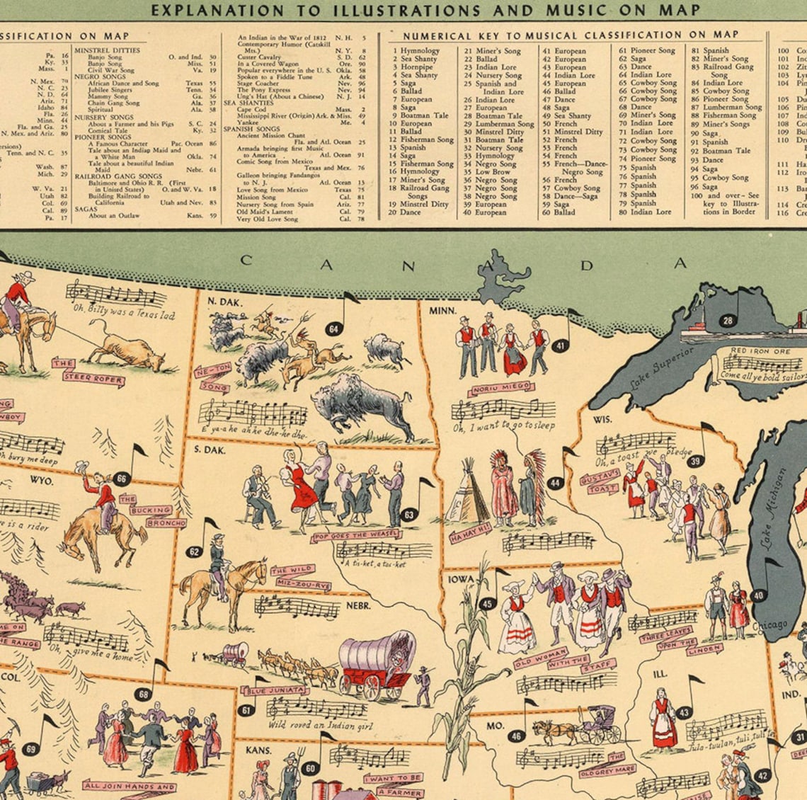 Folklore Music Map of the United States 1945. Laurence, Dorthea Dix ...