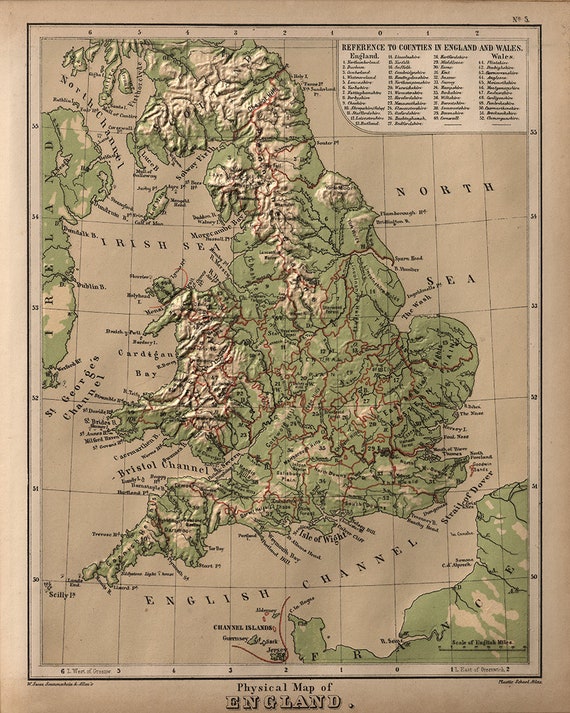 Map of England 1880. Vintage Restoration Hardware Home Deco | Etsy