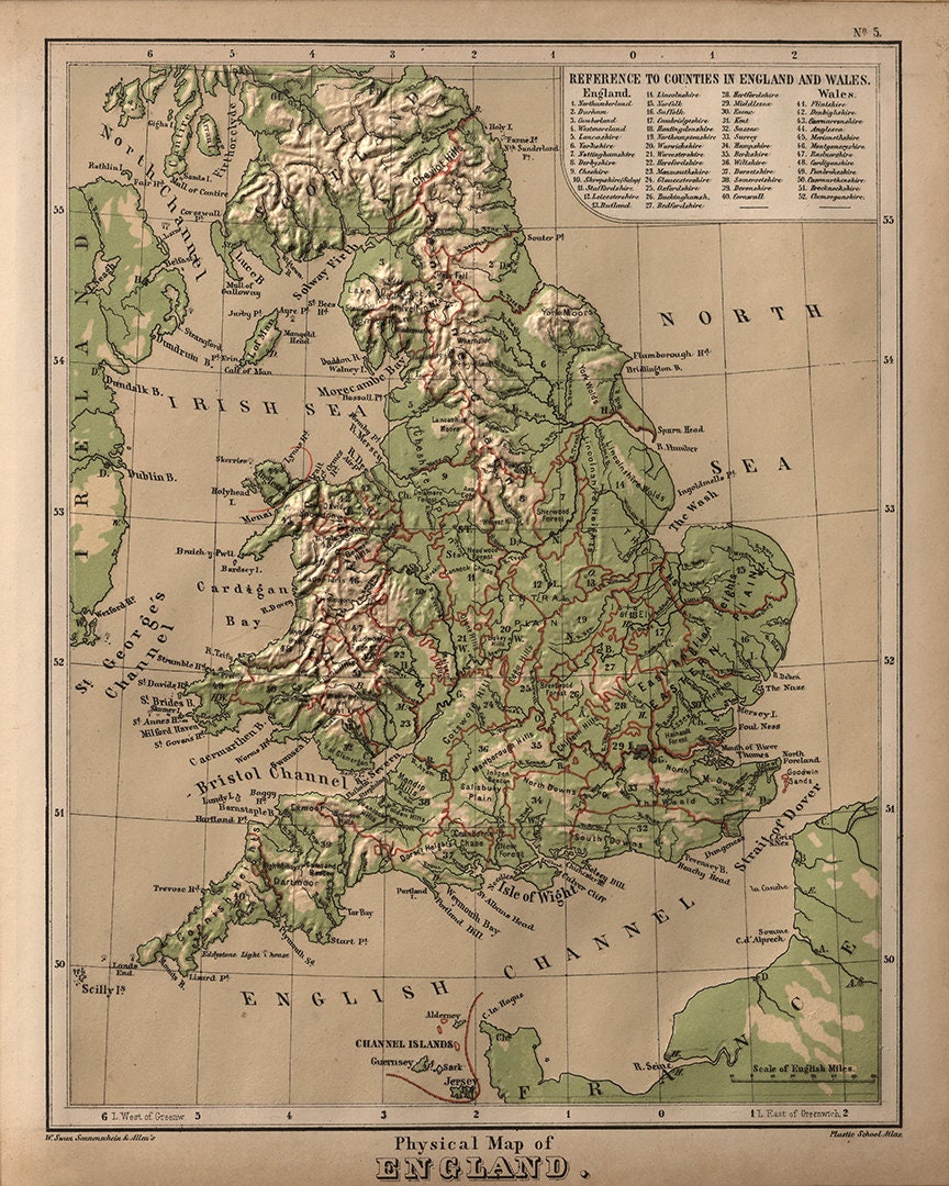 Map of England 1880. Vintage Restoration Hardware Home Deco - Etsy