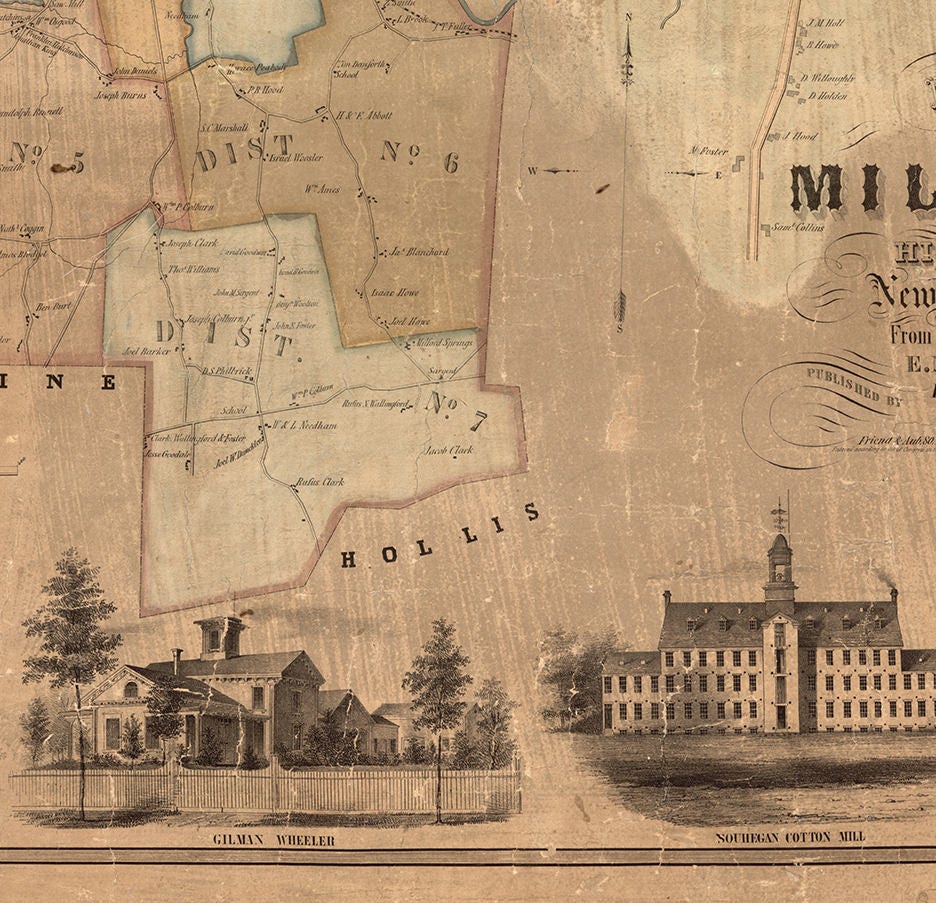 Map of Milford, Hillsborough County, New Hampshire NH 1854. Vintage ...