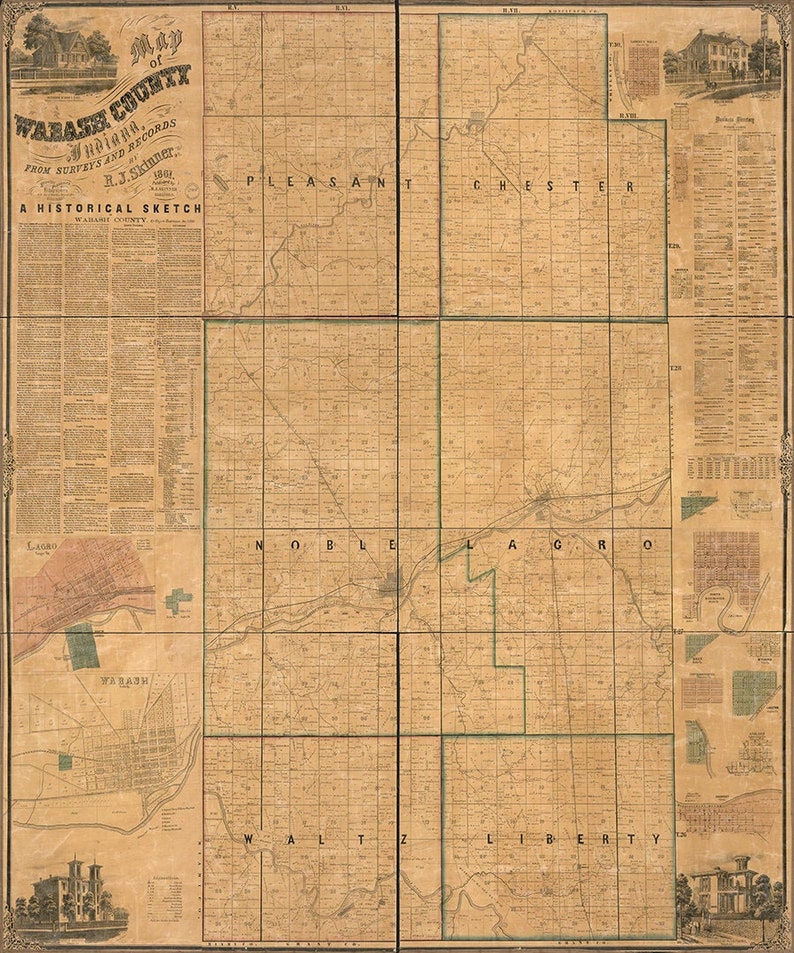 Map of Wabash County Indiana. 1861. Vintage Restoration | Etsy