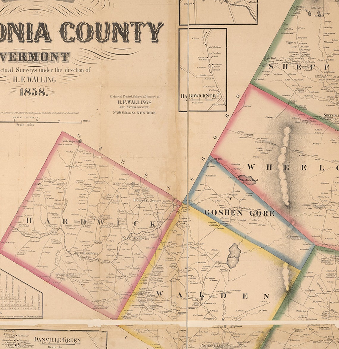 Map of Caledonia County, Vermont, VT 1858. Vintage Restoration Hardware ...