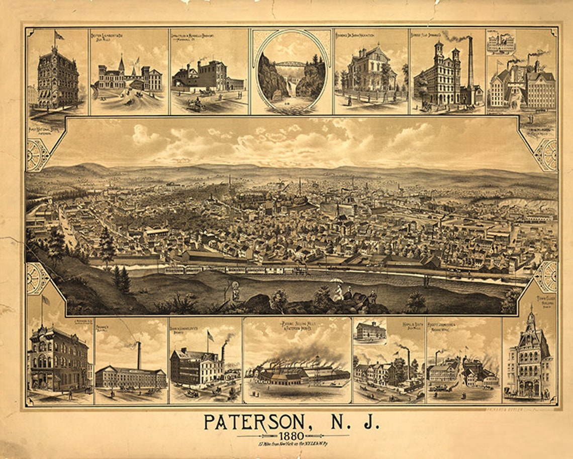 Map of Paterson, Passaic Co., New Jersey, NJ Map. Vintage Restoration ...