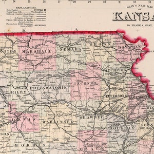 Map of Kansas State. 1881 Vintage Home Deco Style Old Wall Reproduction ...