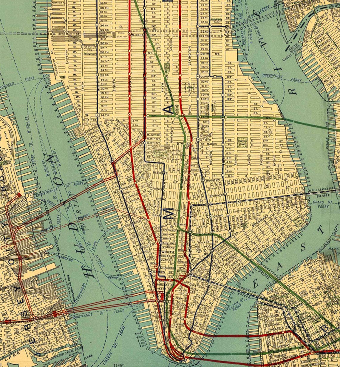 Map of Manhattan, New York City Vintage Reproduction Map. 1922 ...