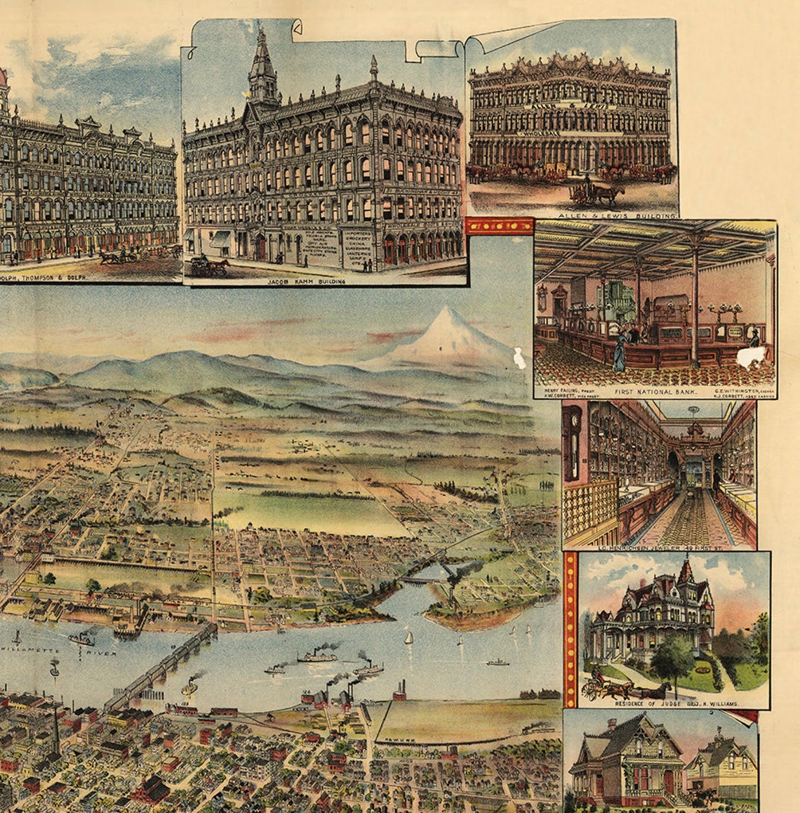 Map of Portland Oregon OR 1890. Vintage Restoration Hardware - Etsy