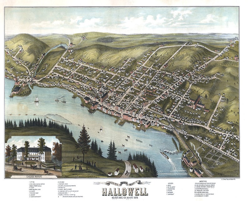 Map of Hallowell Kennebec Co. Maine 1878. Vintage - Etsy