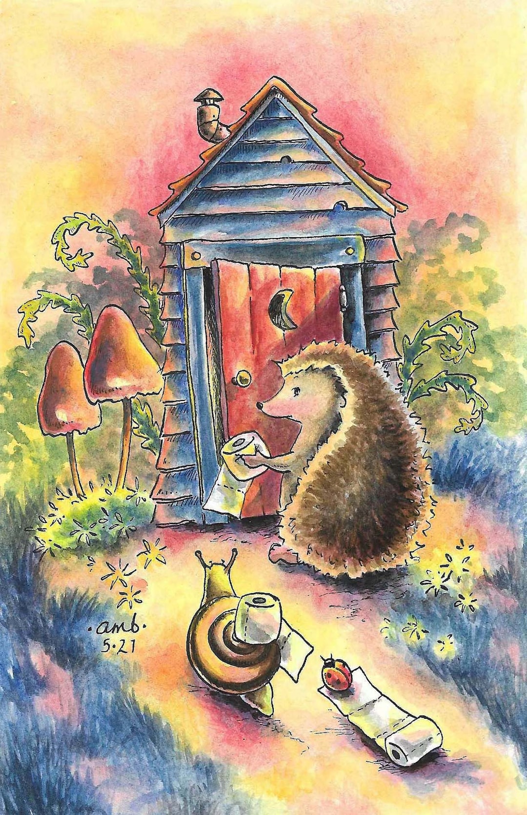 Hedgehog Visiting the Outhouse Print, Whimsical Woodland Animal and ...