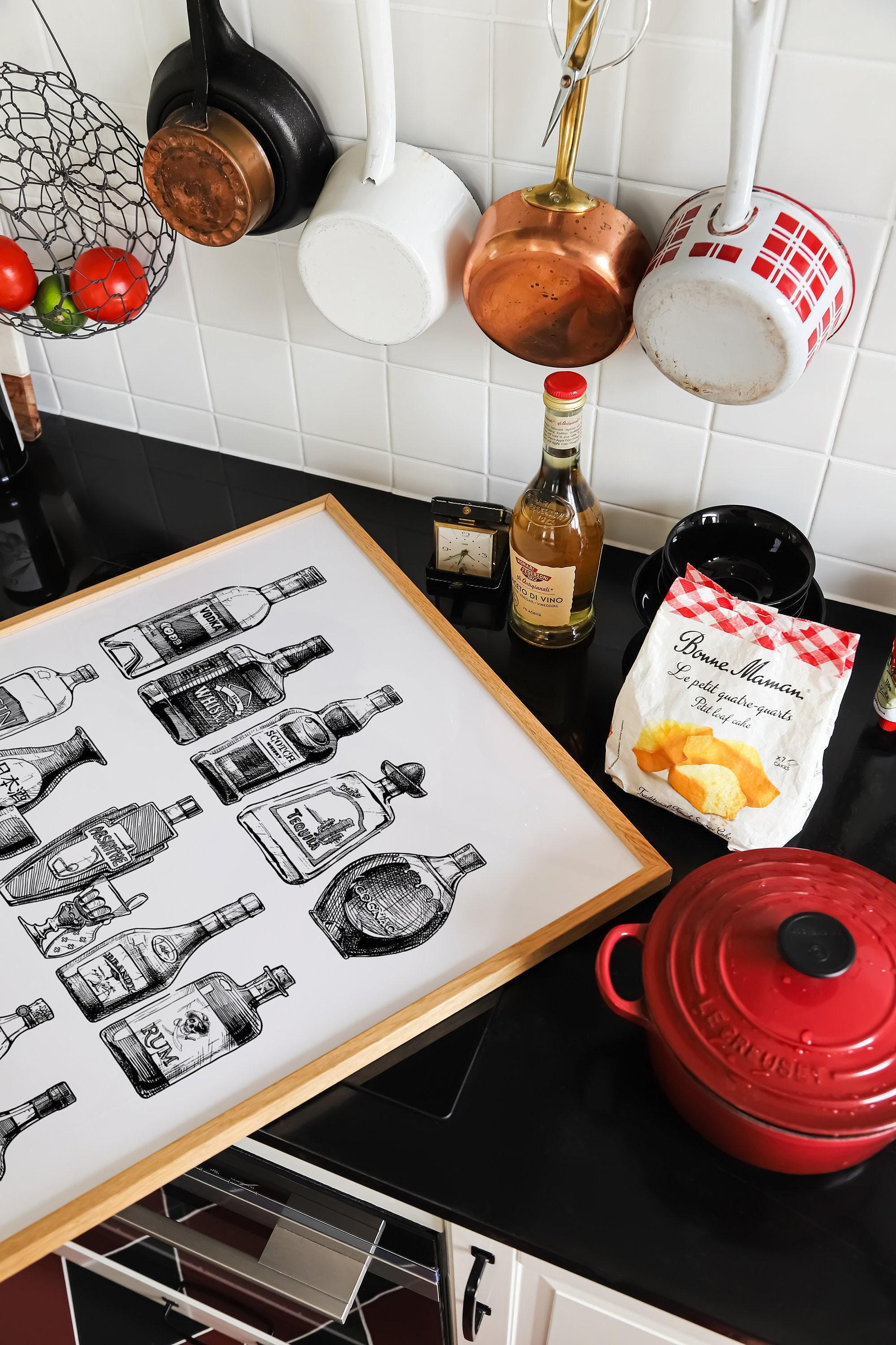 Retro Bar Cart Wall Art | Bar Cart Accessories | Bottles Bar Cart Print ...