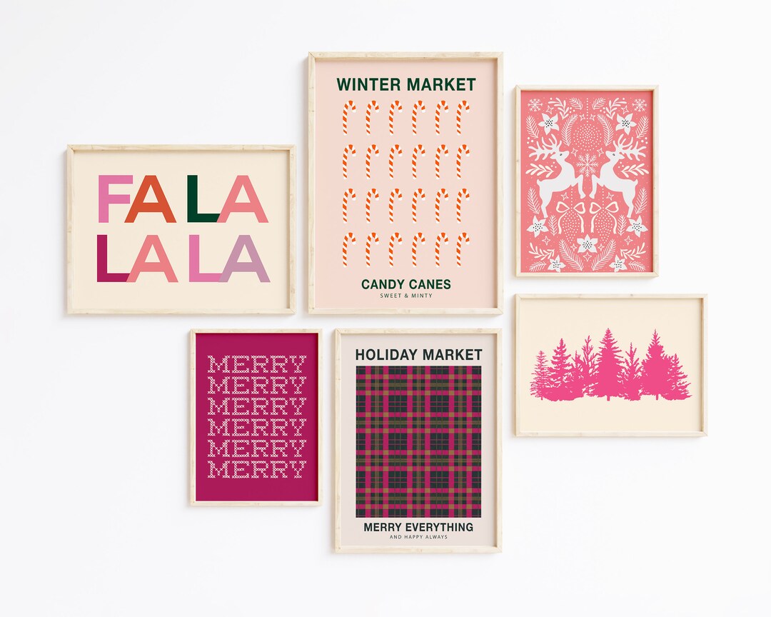 Pink Christmas Decor | Set of 6 CHRISTMAS PRINTS | Christmas Wall Art ...