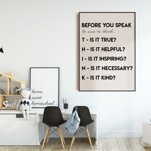 Think Before You Speak Poster | Boho Classroom Decor | Homeschool Wall ...