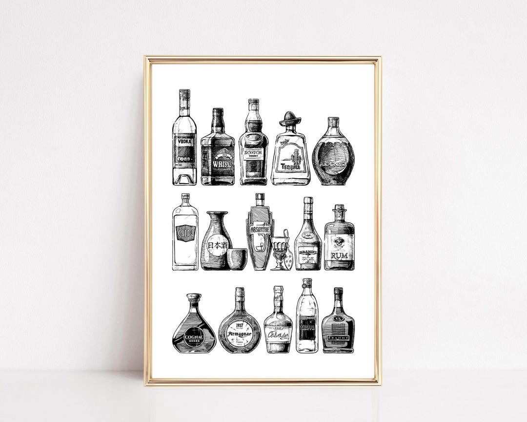 Retro Bar Cart Wall Art | Bar Cart Accessories | Bottles Bar Cart Print ...