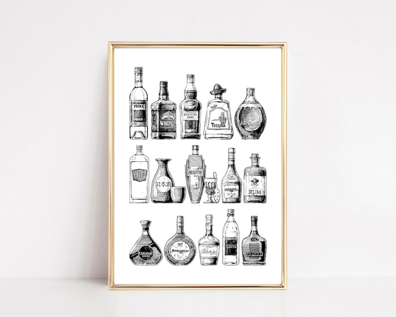 Retro Bar Cart Wall Art | Bar Cart Accessories | Bottles Bar Cart Print ...