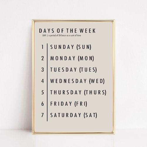 Days of the Week Poster Classroom Decor Educational Print - Etsy