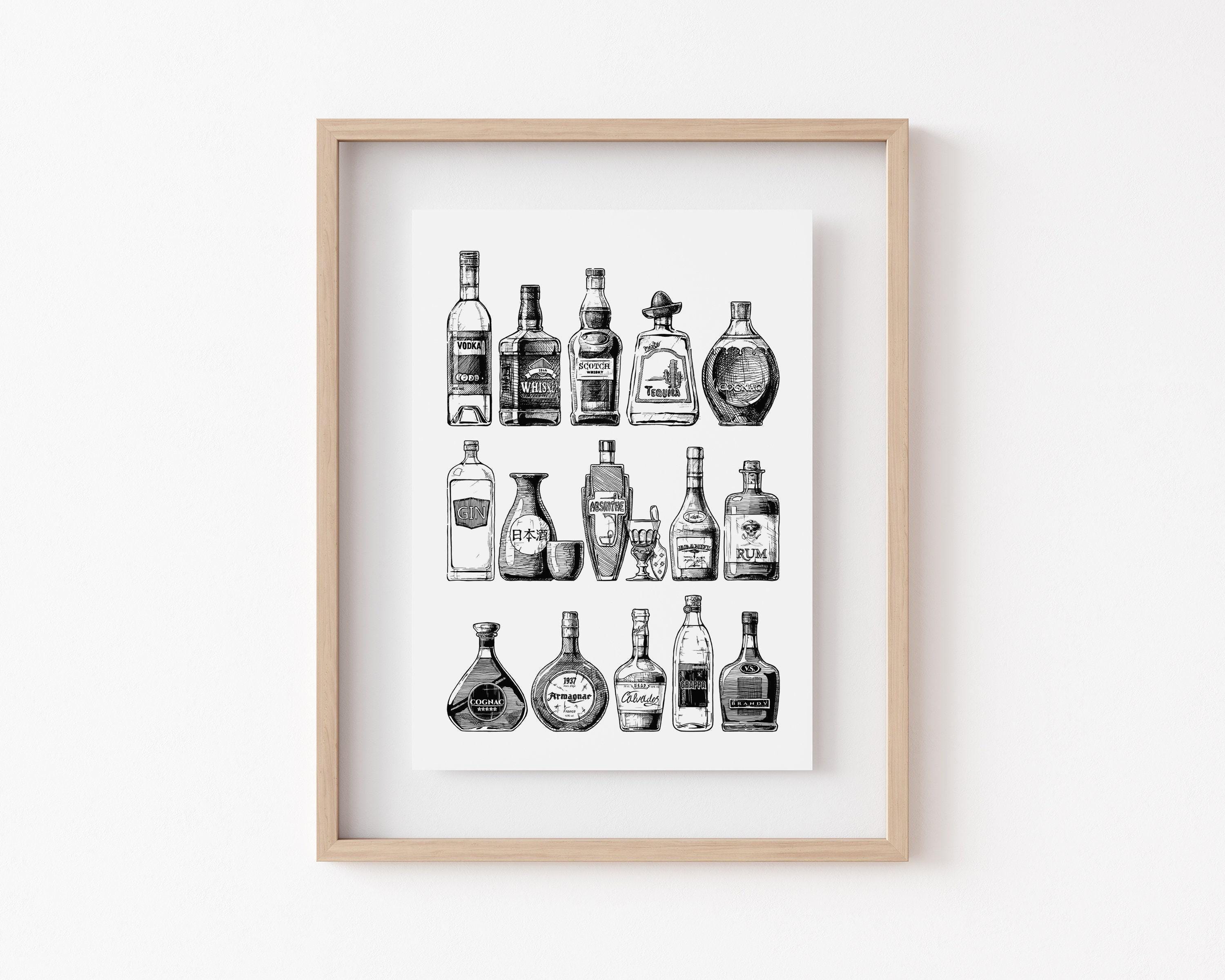 Retro Bar Cart Wall Art | Bar Cart Accessories | Bottles Bar Cart Print ...