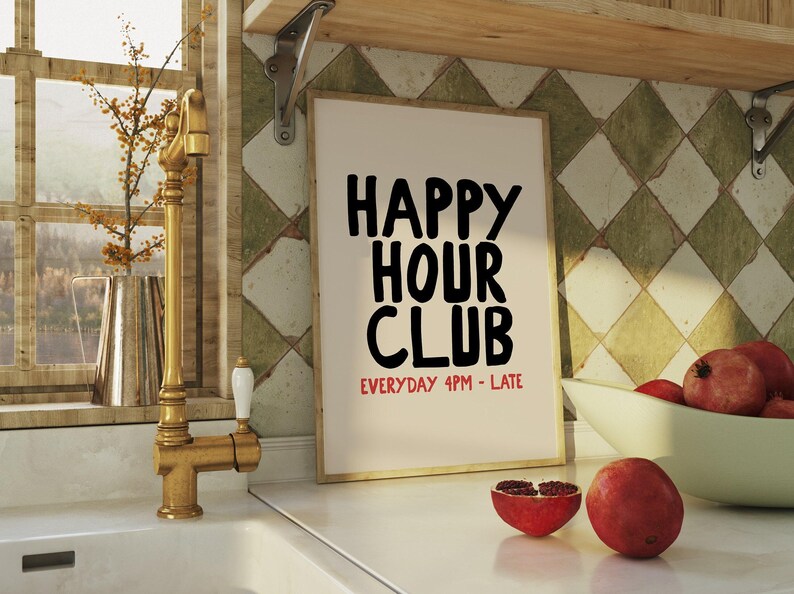 Happy Hour Club Print | Bar Cart Decor | Kitchen Wall Art | Typography ...