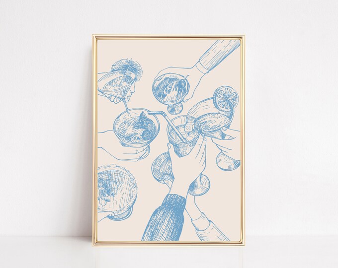 Blue Bar Cart Print Alcohol Print Colorful Bar Art Spirits Tequila ...