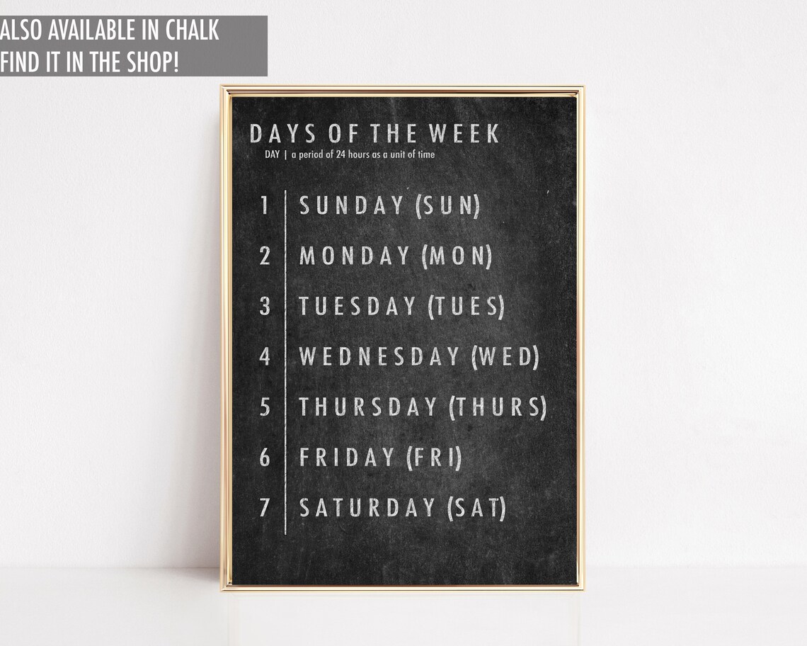 Days of the Week Poster Classroom Decor Educational Print - Etsy