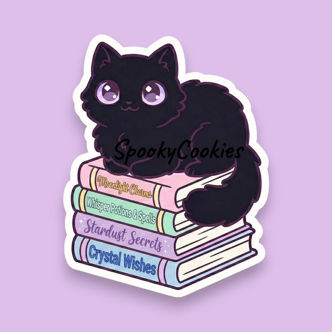 Kawaii Witch Cat Sticker – Black Cat on Spell Books, Cozy Pastel ...