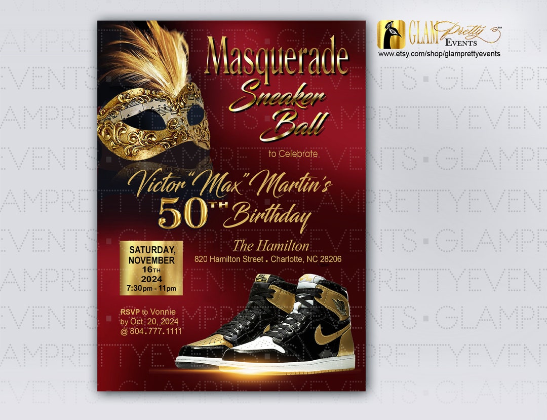 Masquerade Sneaker Ball Red and Gold 50th Any Age Birthday Invitation ...