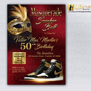 Masquerade Sneaker Ball Red and Gold 50th Any Age Birthday Invitation ...