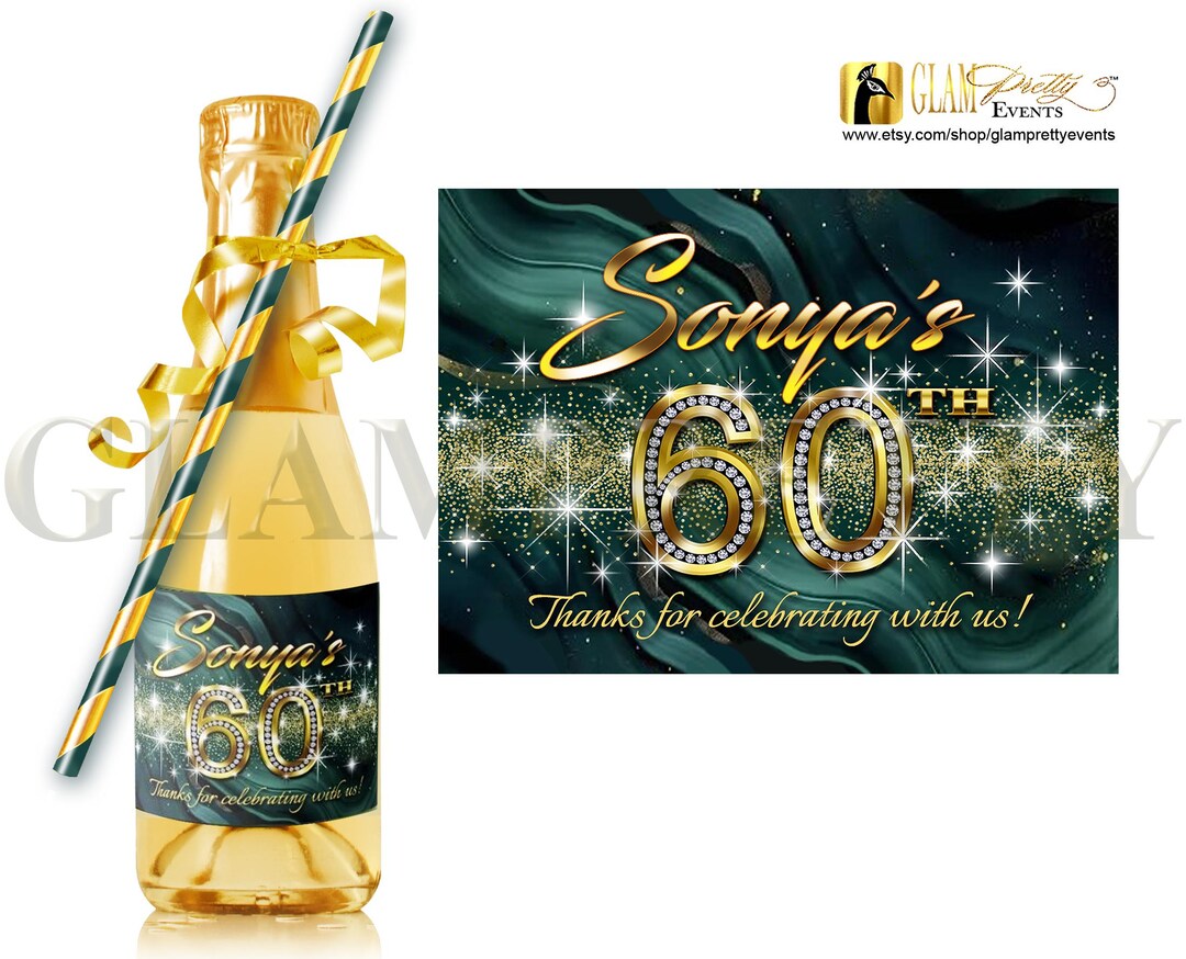 60th Birthday Mini Champagne Label With Green Malachite and Gold Bling ...