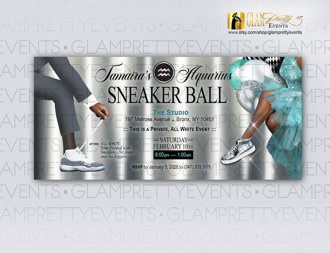 Aquarius Sneaker Ball Invitation, Tutu Balloons Aqua Blue White Silver ...