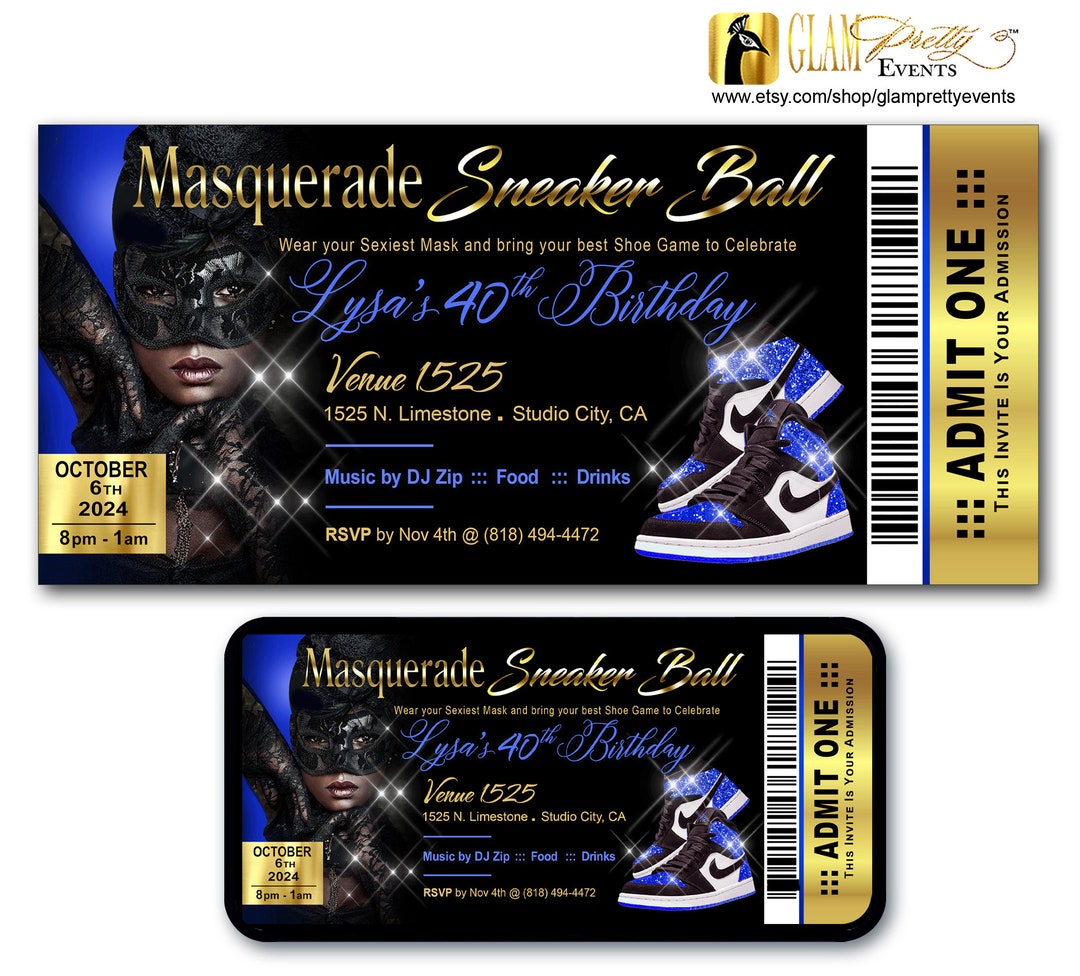 Gold and Blue Ticket Style Masquerade Sneaker Ball Invite - Blue and ...