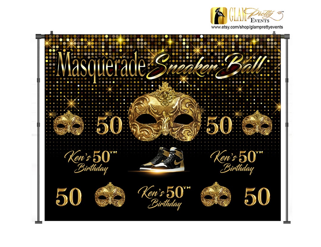 Gold and Black Masquerade Sneaker Ball Step and Repeat Backdrop ...